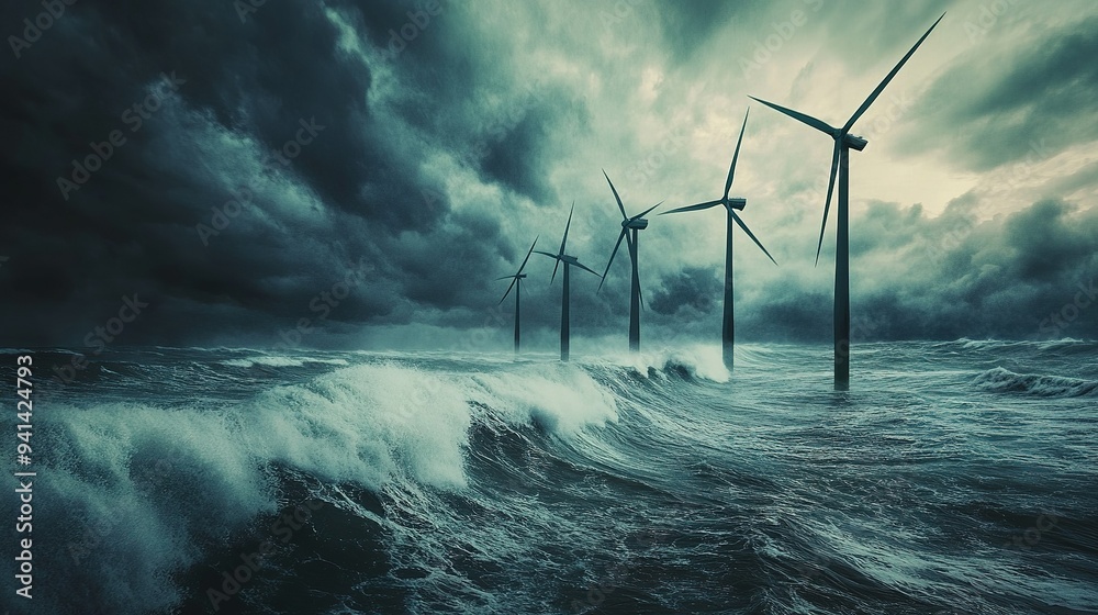 Wind turbines stand resilient against dark stormy clouds and high waves ...