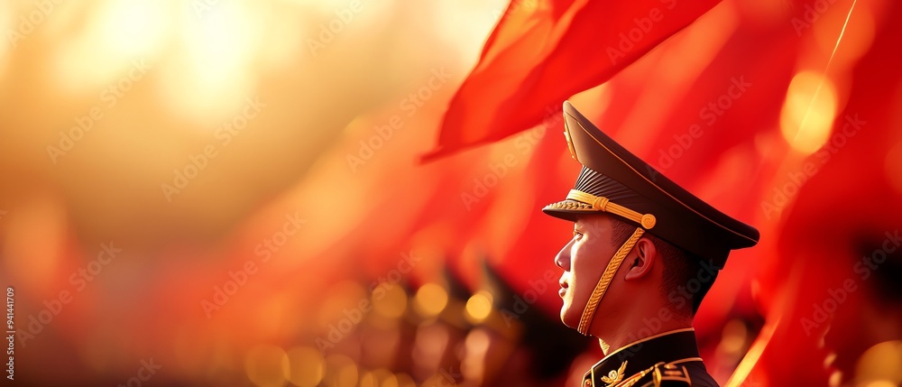 Photo Stock Chinese military parade, soldiers in formation, red flags ...