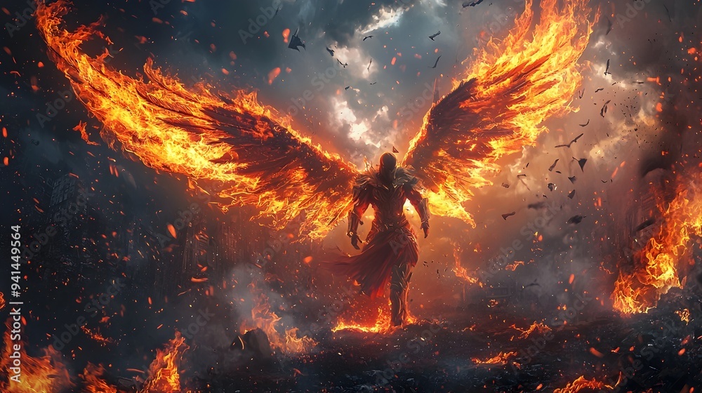Fierce Winged Creature Emerging Amidst Fiery Apocalyptic Destruction in ...