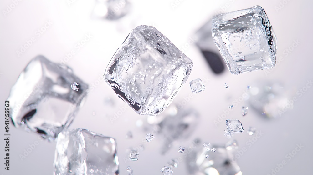 CG Floating Ice Cubes: Perfectly clear CG ice cubes hovering above a ...