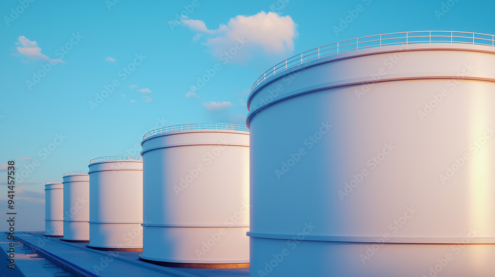 Large industrial oil storage tanks under clear blue sky, captured ...