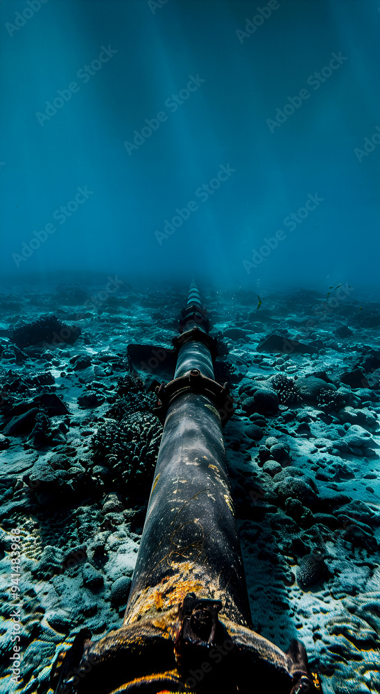 An underwater internet communication cable on the seabed under ocean ...