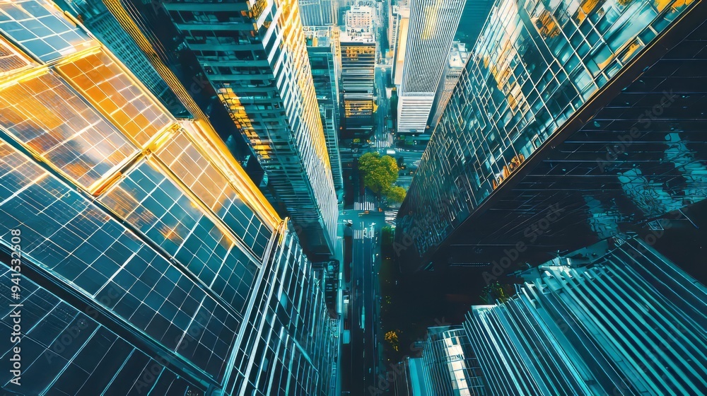 Solar panels urban building facade skyscrapers sustainable green energy ...