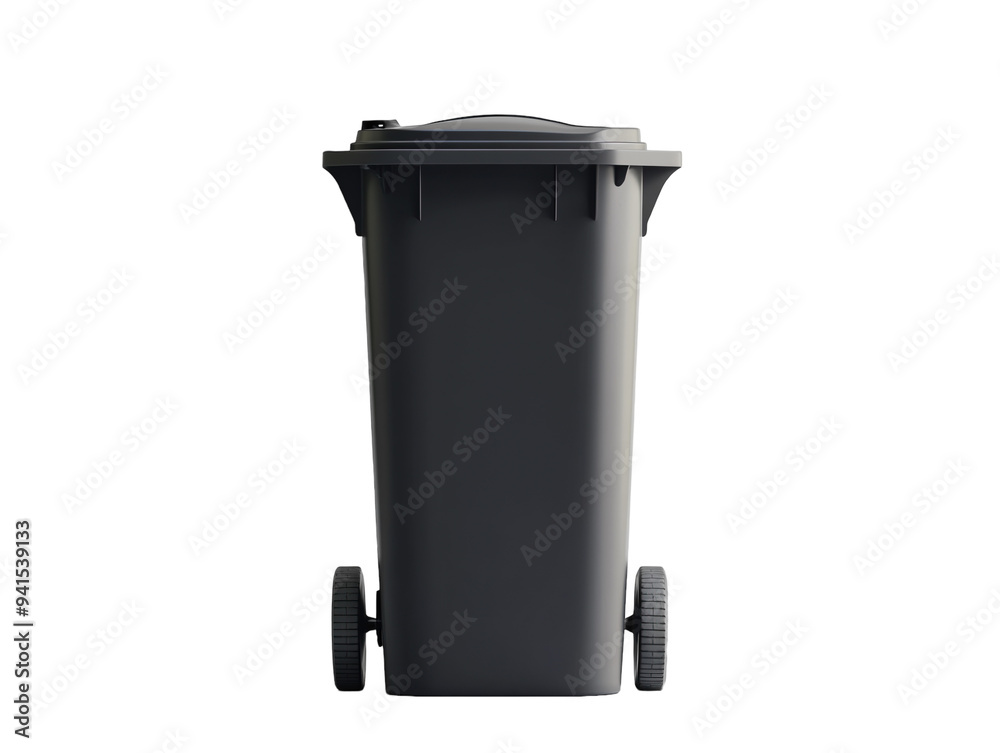 Black trash bin with wheels and lid isolated on white background. PNG ...