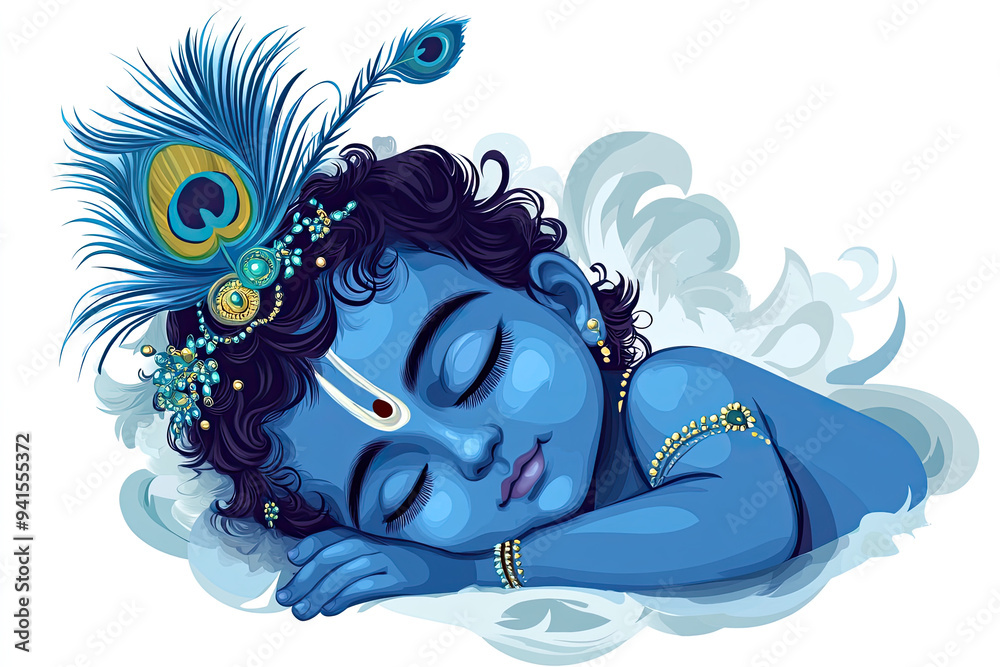 Cute little baby Krishna sleeping with blue skin and a peacock feather ...