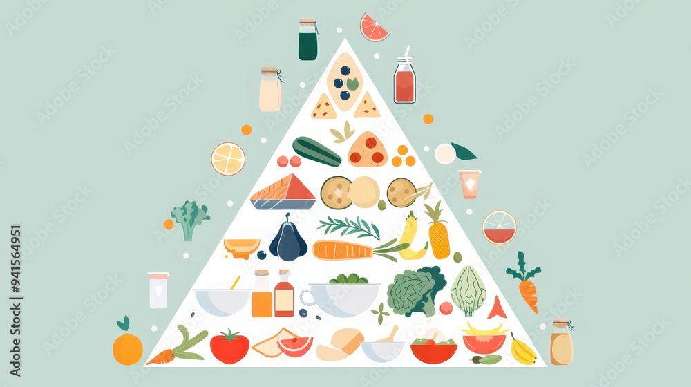 Colorful food pyramid illustration featuring various food groups ...