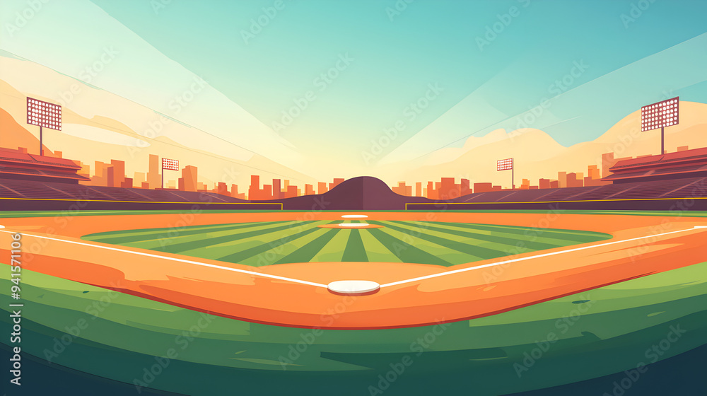 A flat vector illustration for a baseball field background, showing a ...