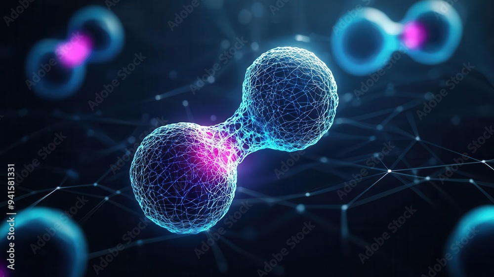 Cell undergoing division with chromosomes highlighted in neon hues ...