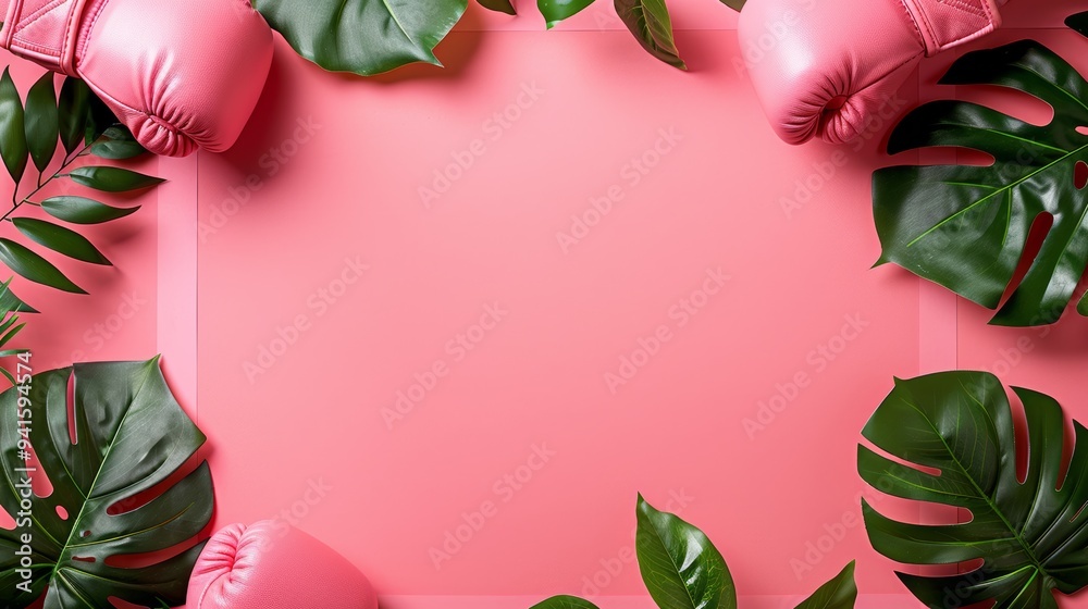 Sports-Themed Frame Border with Boxing Gloves and Tropical Leaves on ...