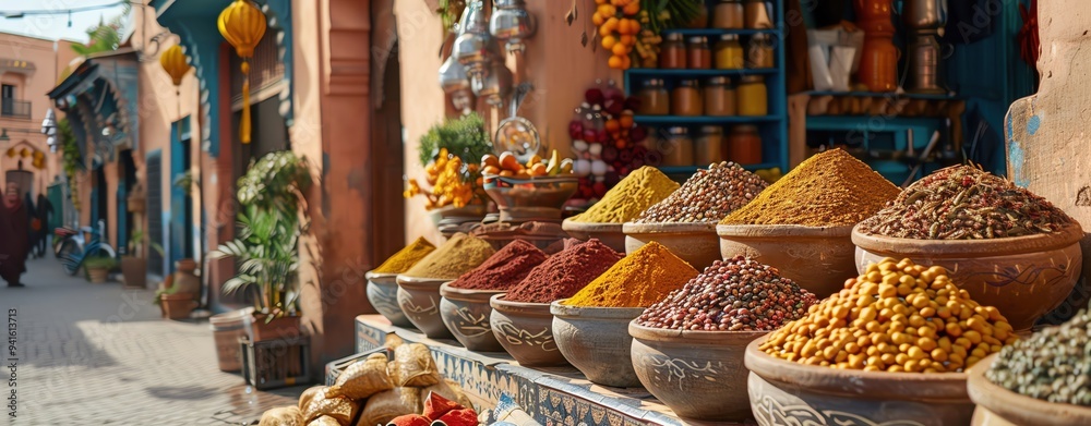 Photograph the vibrant local market in Marrakesh, Morocco, showcasing ...
