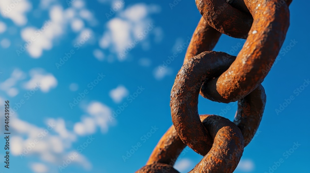 A close-up shot of a rusty chain against a blue sky with white clouds ...