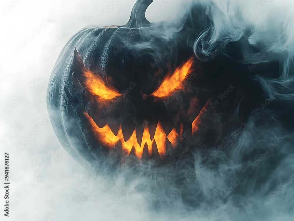 Eerie 3D Jack o Lantern Enshrouded in Dense Fog with Twisted Menacing ...