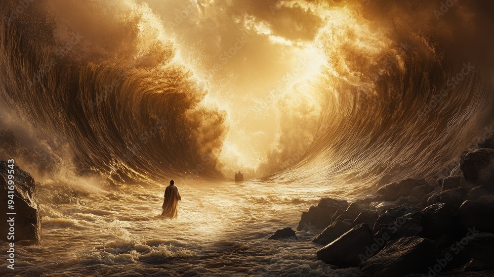 Epic scene of Moses parting the Red Sea, dramatic light illuminating ...