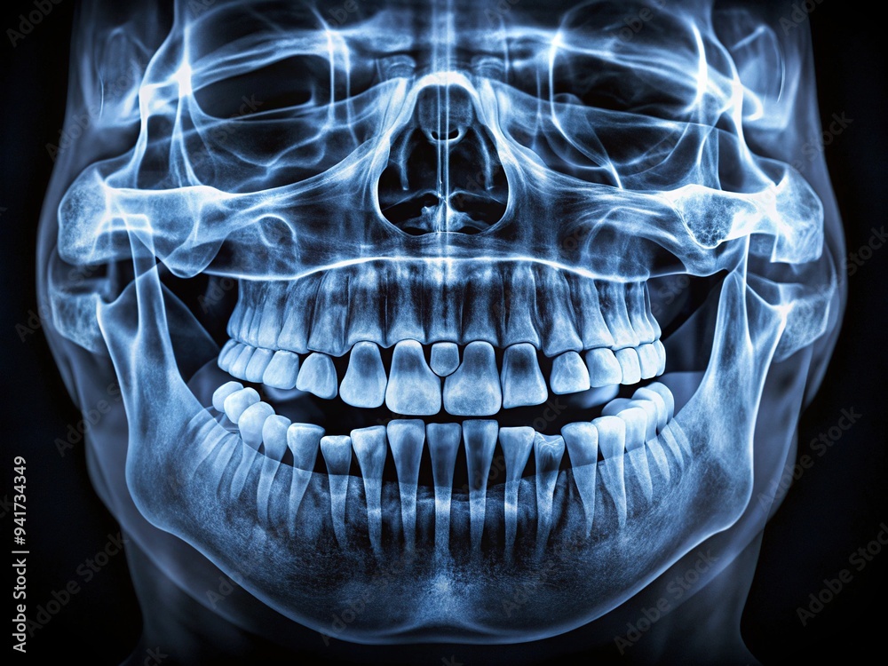 A high-contrast X-ray image of a human dental structure, showcasing a ...