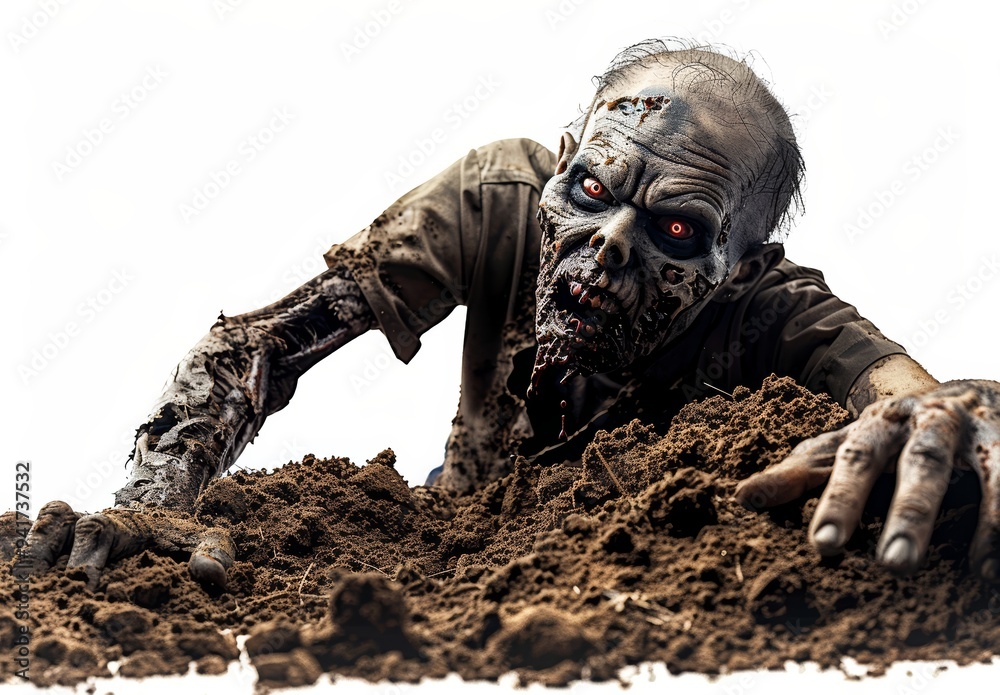 Scary zombie crawling out of the ground. White background. Undead ...