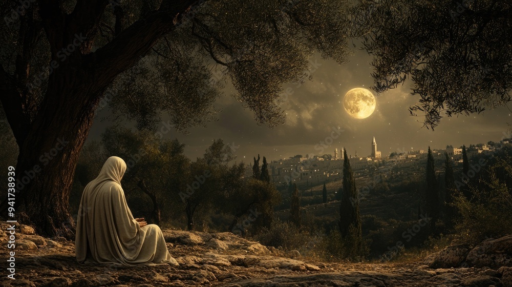 Jesus Christ kneels in Gethsemane, praying under the ancient olive ...
