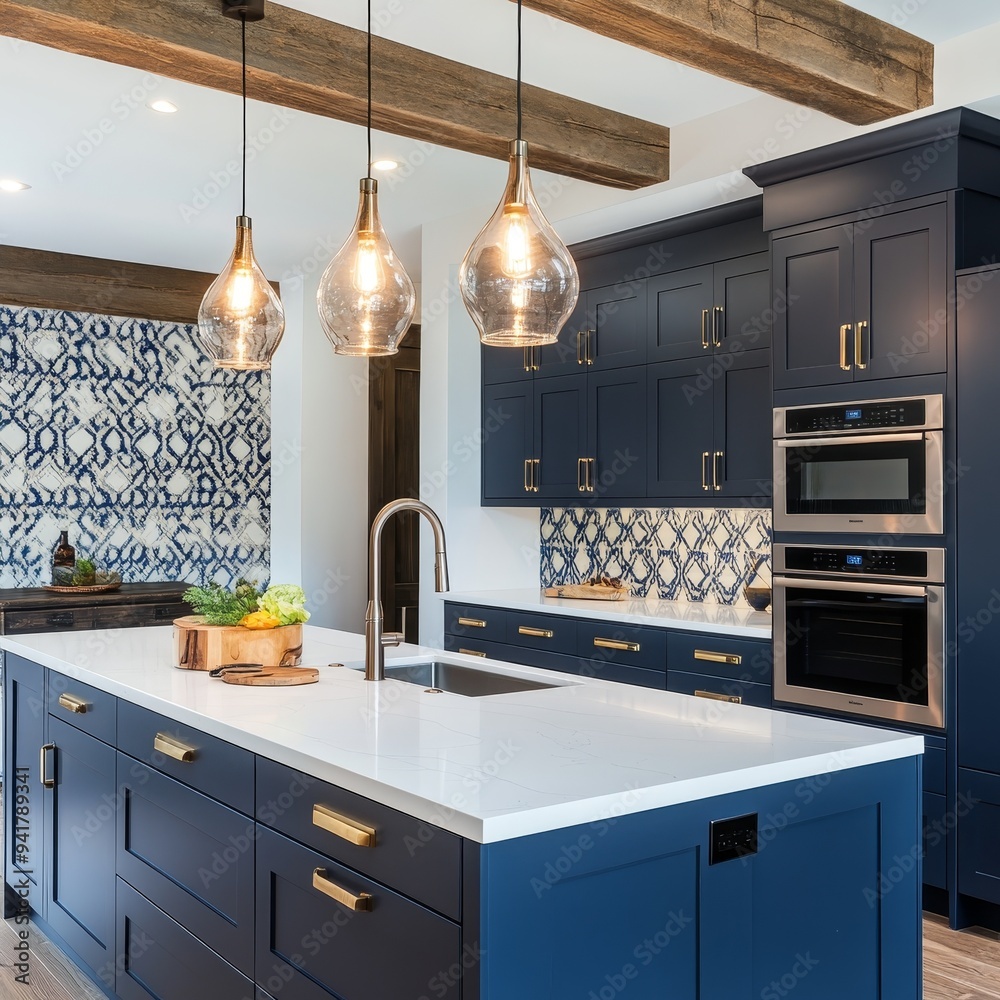 Modern Kitchen Island with Navy Cabinets Gold Hardware and White Quartz ...