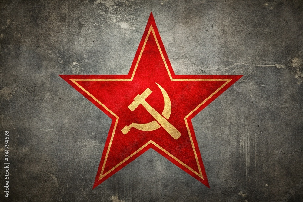 A retro-style communist propaganda poster featuring a bold red star ...