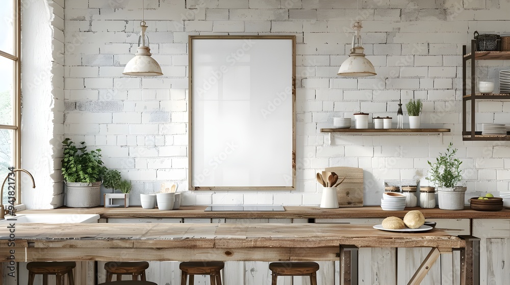 rustic, mockup, frame, farmhouse, kitchen, interior, wooden, vintage ...
