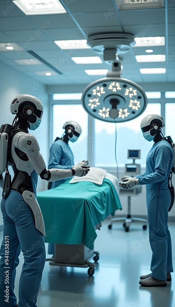 A futuristic hospital room featuring AI-powered robots performing surgery, highlighting advanced ...