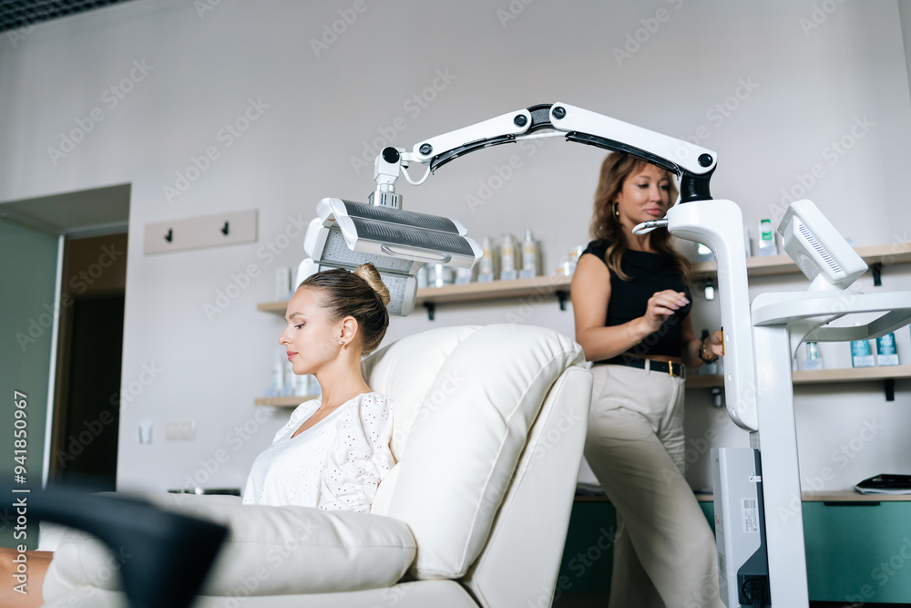 Side view of relaxed blonde woman with closed eyes having LED light ...