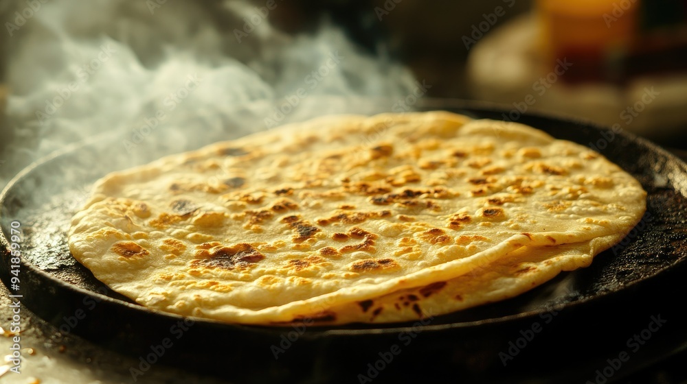 Detailed shot of a roti being cooked on a hot griddle, with golden ...