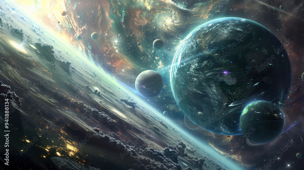 space scene, masterpiece, a lot of planets and moons, otherworldly ...