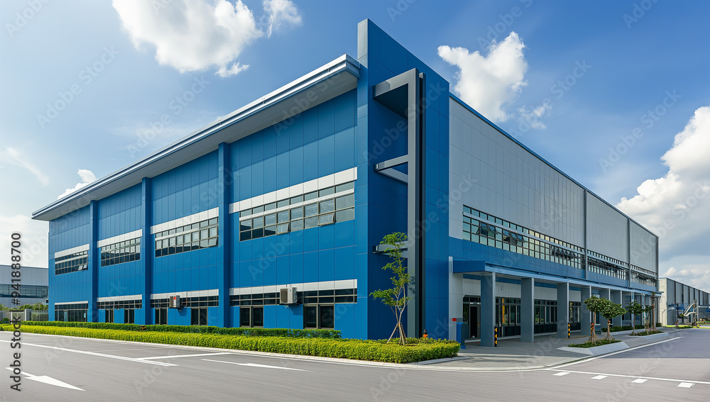 A blue warehouse building with an exterior wall color of light skyblue ...