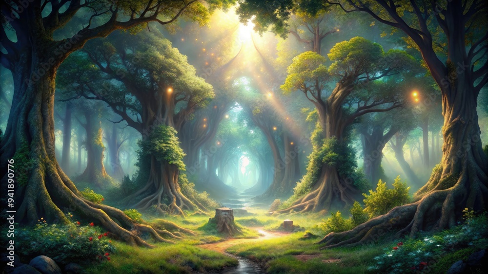 Sacred Forest: Ancient trees, mystical light, ethereal atmosphere, spiritual Stock Illustration ...