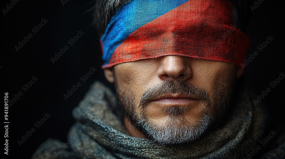 black background man blindfolded with russian flag closed eyes concept ...