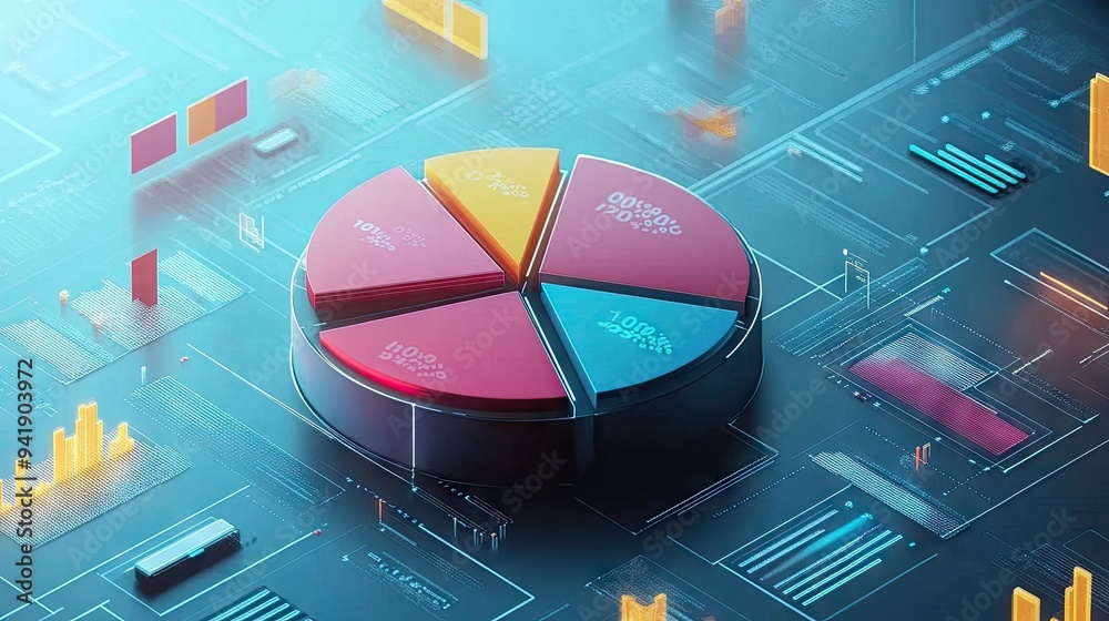 Interactive 3D pie chart with floating labels and percentages, digital interface elements ...