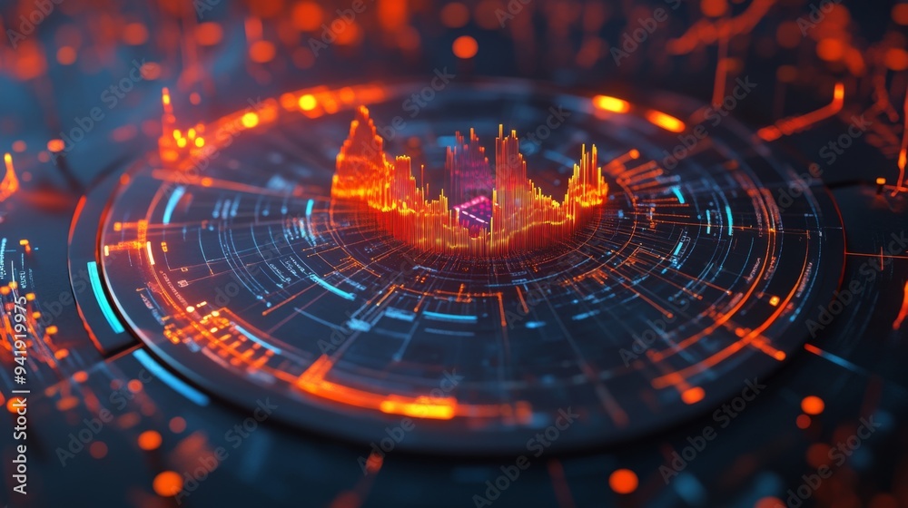 A top-down view of a 3D radar chart with multiple axes and data points ...