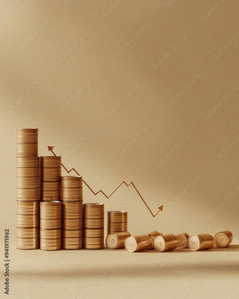 Graph Declining with Food Can Stacks - Beige Background - Representing ...