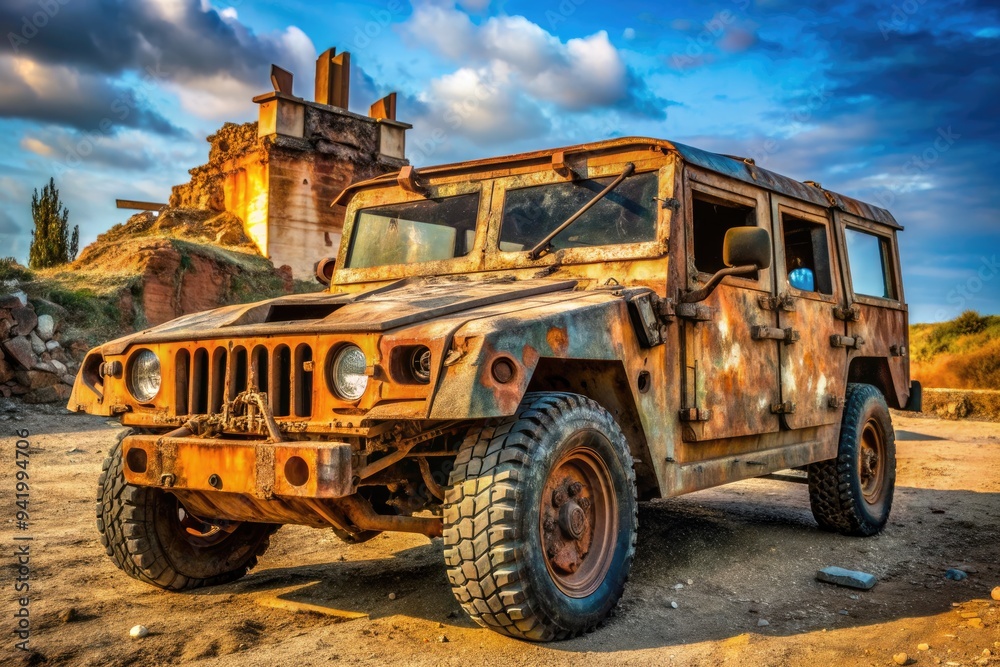 Warworn Relic: Rusted, battle-damaged, Humvee as a symbol of conflict ...