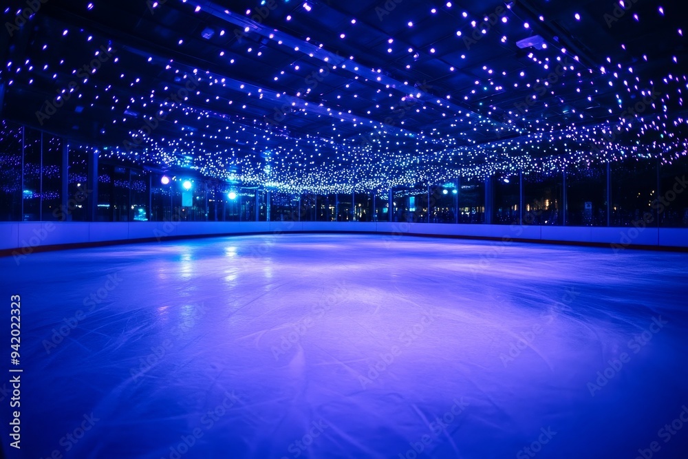 A bottom view of an illuminated ice skating rink at night, with a ...