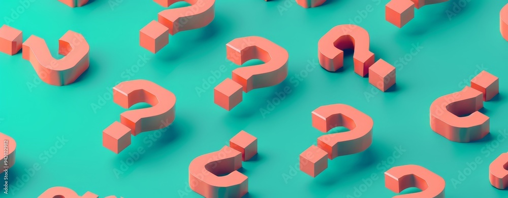 3D isometric orange question marks on a teal background in a minimalist ...