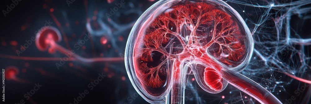 A detailed 3D illustration of a human kidney showing its internal ...