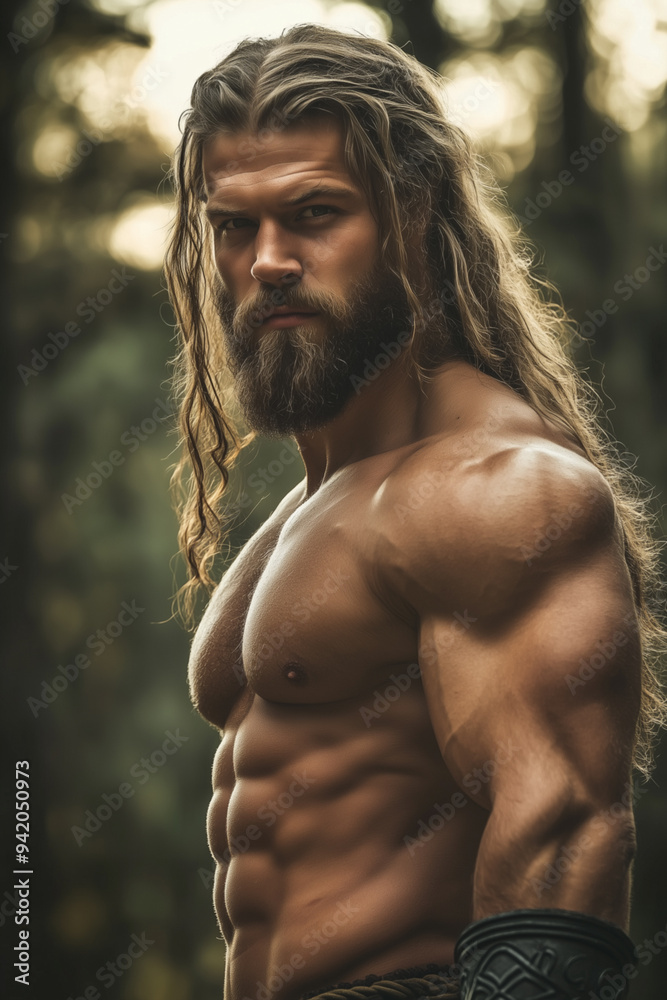 Handsome Viking Male Warrior. Muscular Shirtless Barbarian with Long ...