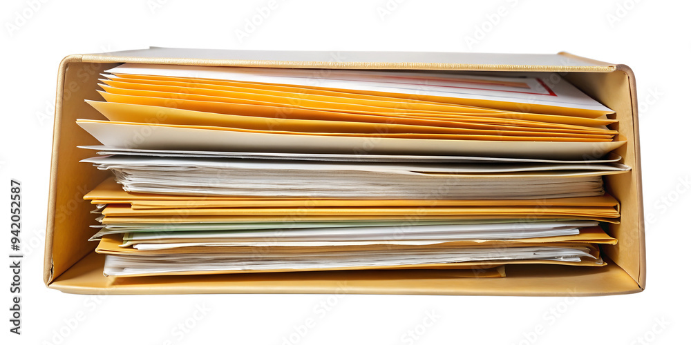 Side view of a large stack of office files in a folder, displaying ...