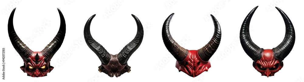 Four variations of horned demon masks, each with unique horn styles and ...
