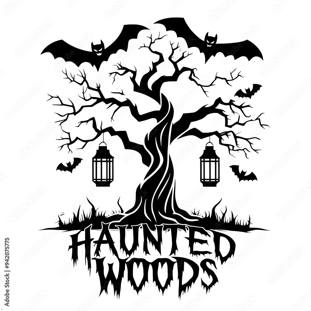 Spooky leafless tree with lanterns and bats in haunted woods, gothic ...