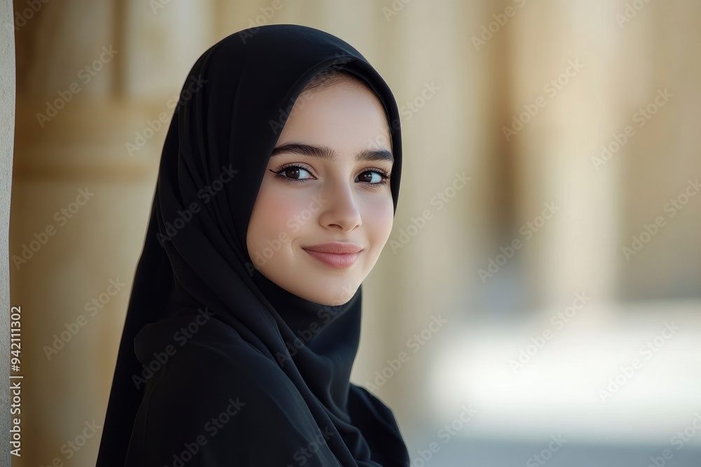 Happy Emarati women wearing Abaya doing cross arm looking far. UAE girl ...