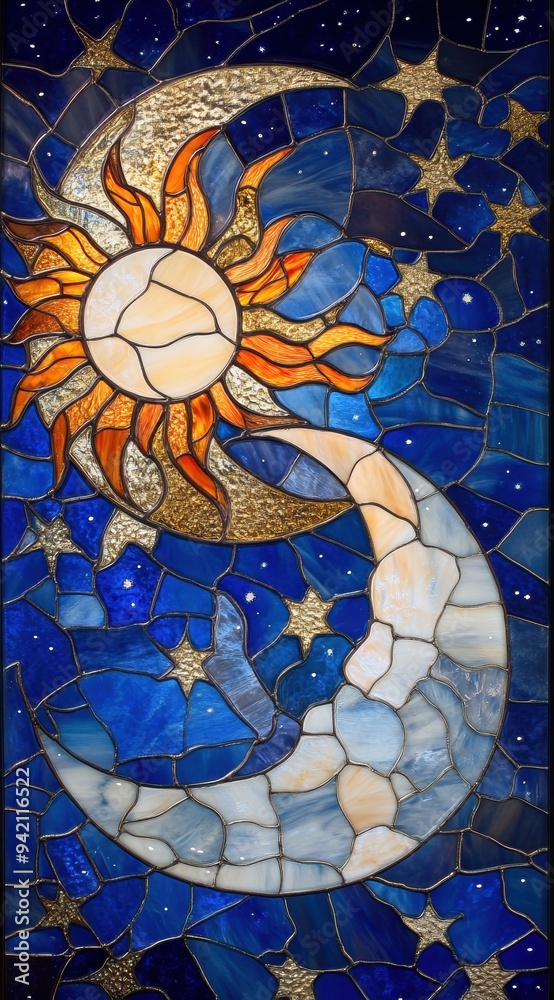 Stained glass window depicting the sun and moon, with a blue background ...