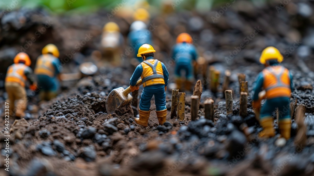 Builders figurines at construction site 3d rendering image. Toy workers ...