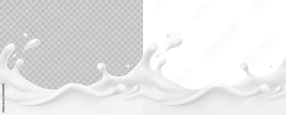 Milk splash seamless patterns set. 3d realistic yogurt wave borders on ...
