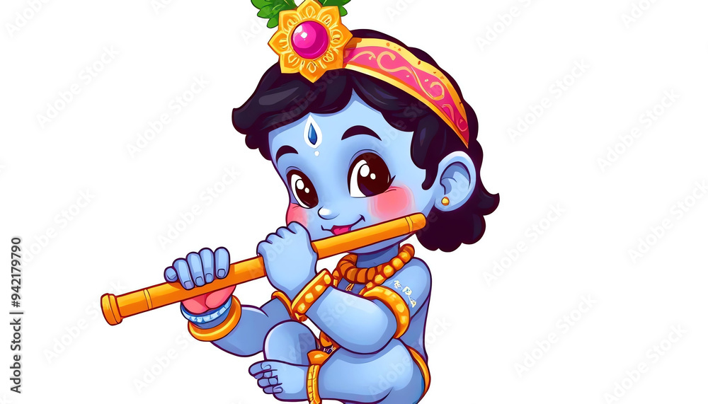 Cute little baby lord krishna with blue skin playing flute. Hindu god ...