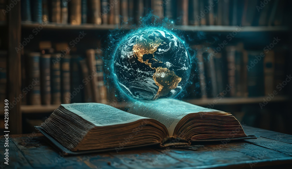 A hologram of the Earth, floating above an open book on a desk in front ...