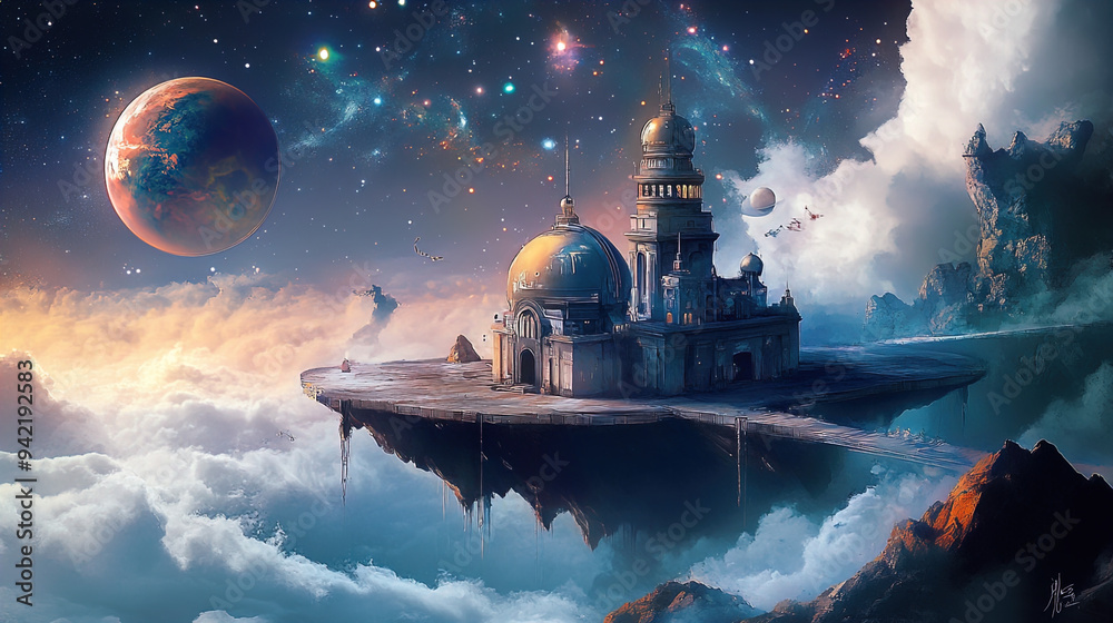 A surreal, fantastical scene features a grandiose structure with domes ...