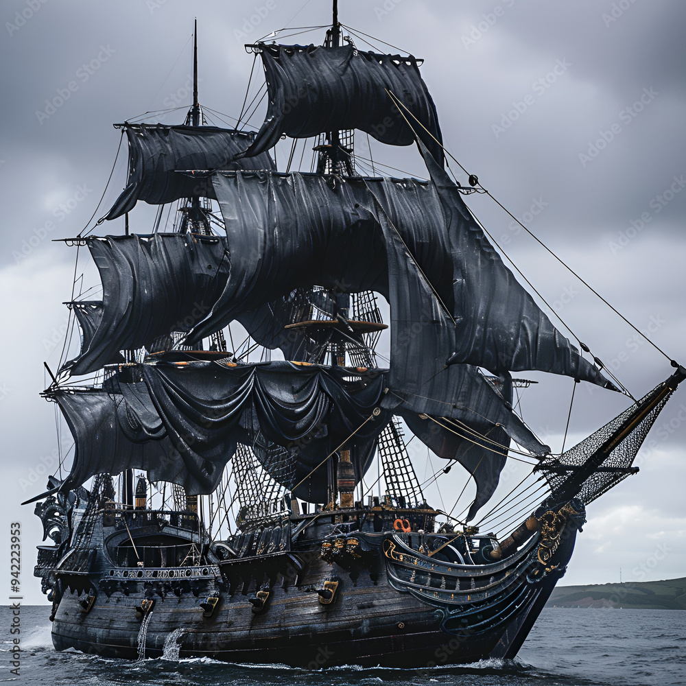 Pirate ship in the sea, a grand, menacing pirate ship with towering ...