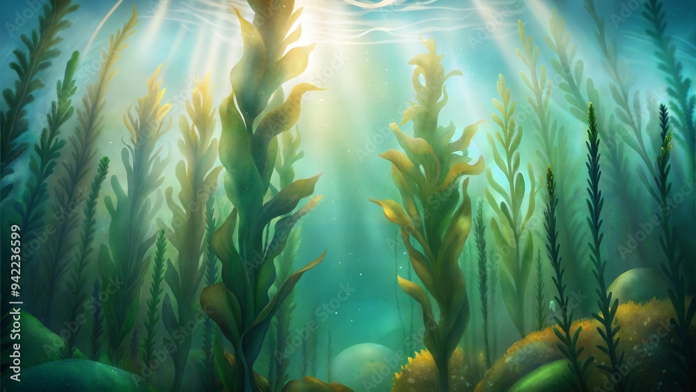 Kelp Forest Background with Tall Swaying Kelp and Rays of Sunlight ...